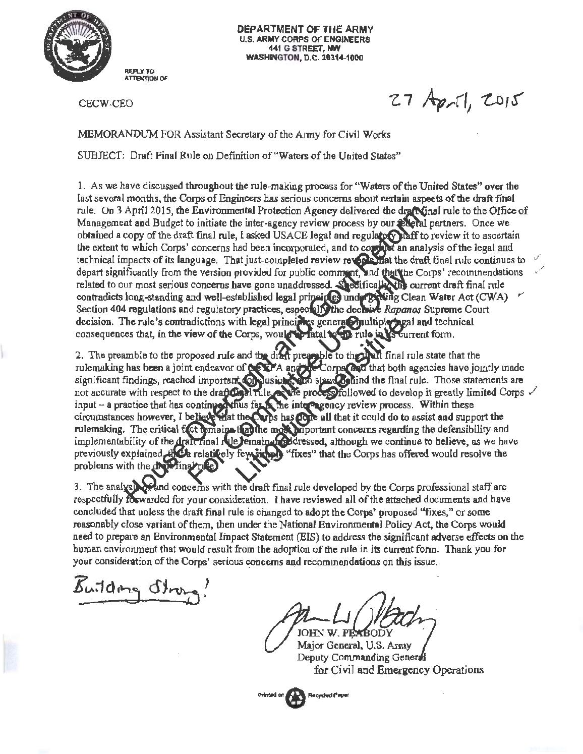 U.S. Army Corps of Engineers Memo from John Peabody by Tri-State ...