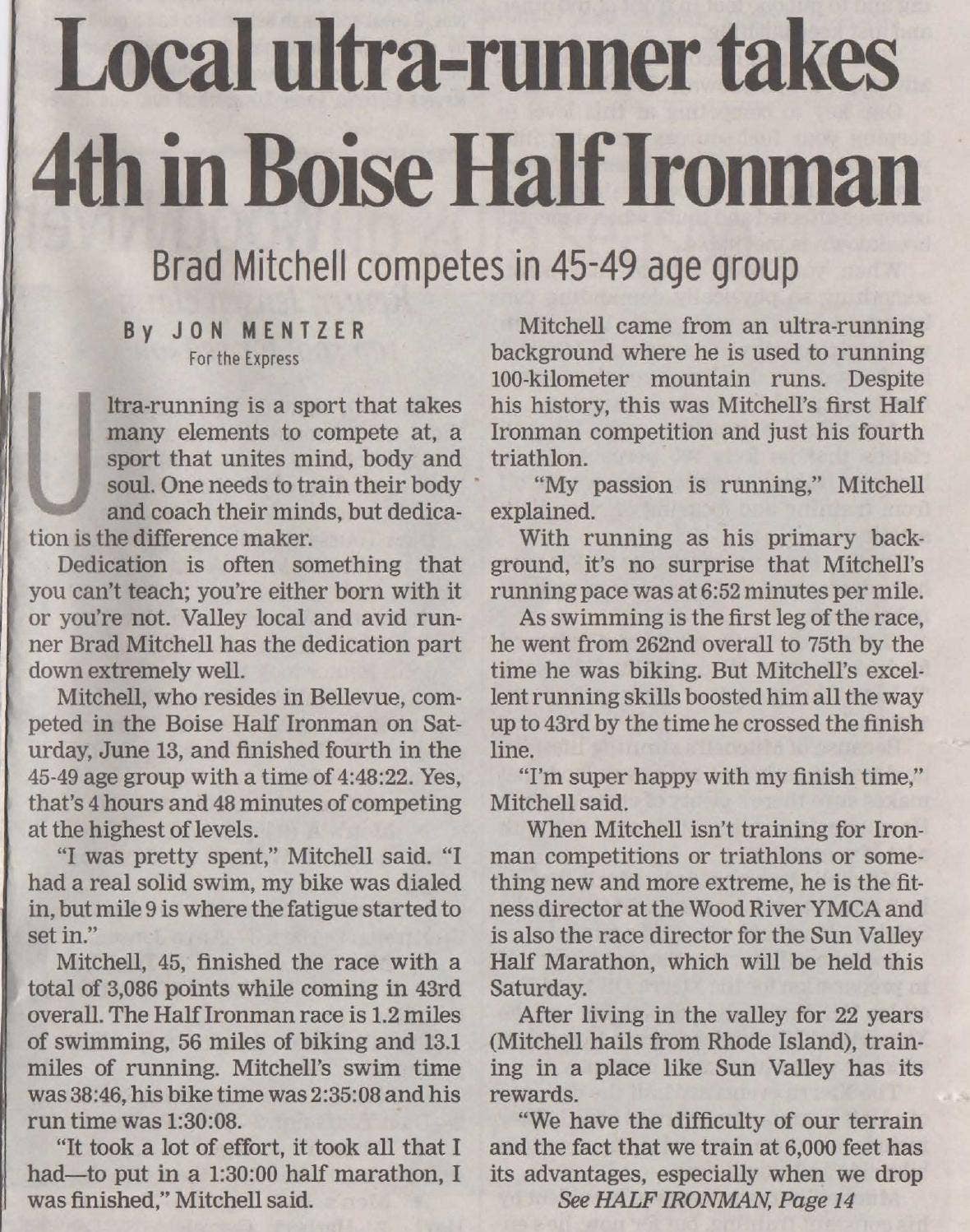 Local ultra-runner takes 4th in Boise Half Ironman by Jon Mentzer - Issuu