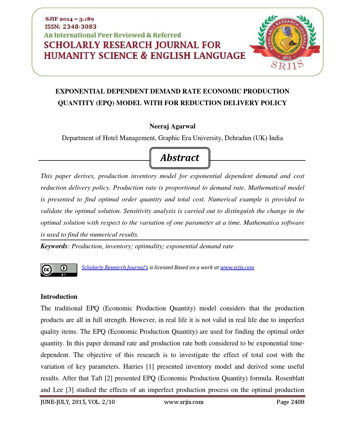 EXPONENTIAL DEPENDENT DEMAND RATE ECONOMIC PRODUCTION QUANTITY (EPQ ...
