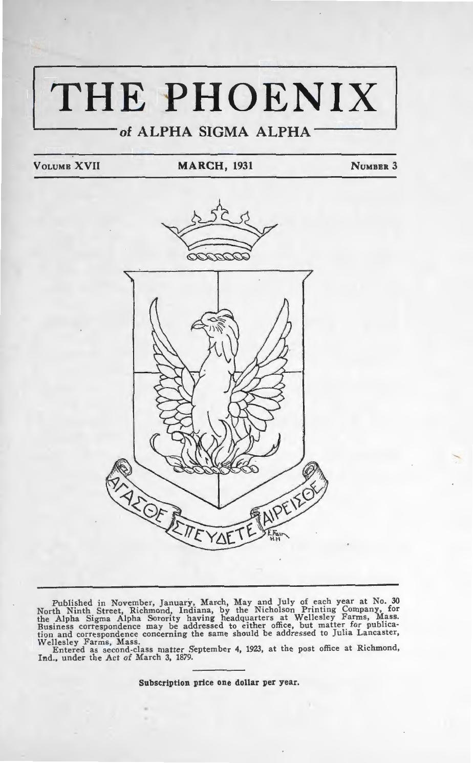 Asa phoenix vol 17 no 3 mar 1931 by Alpha Sigma Alpha Sorority - Issuu