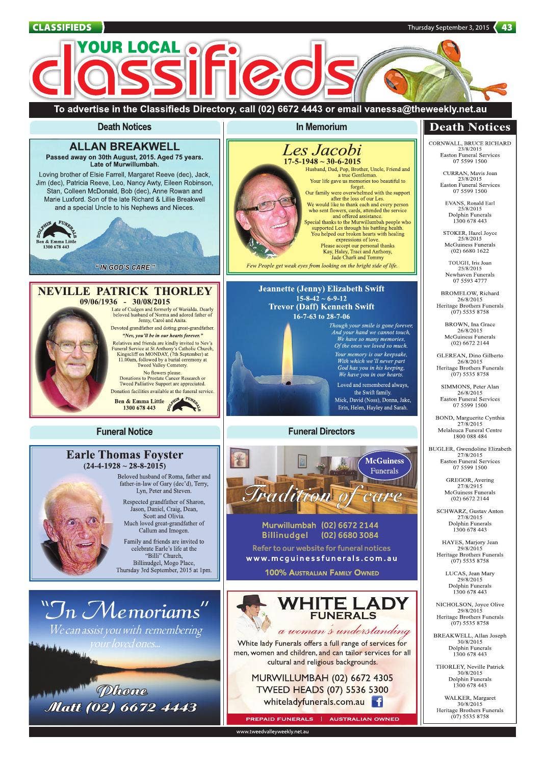 Weekly Classifieds 3 Sept 2015 by Tweed Valley Weekly - Issuu