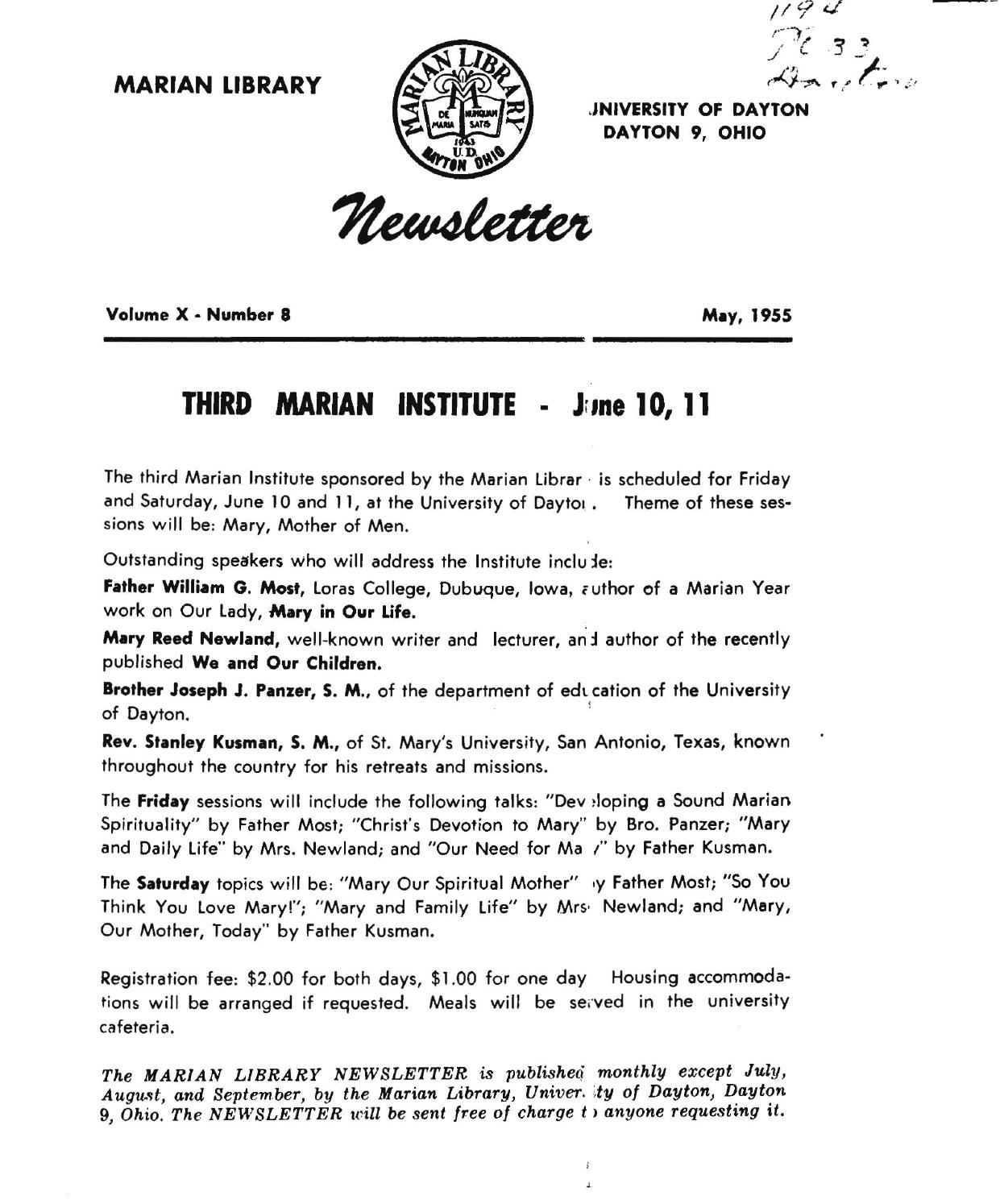 The Marian Library Newsletter May 1955 by eCommons - Issuu