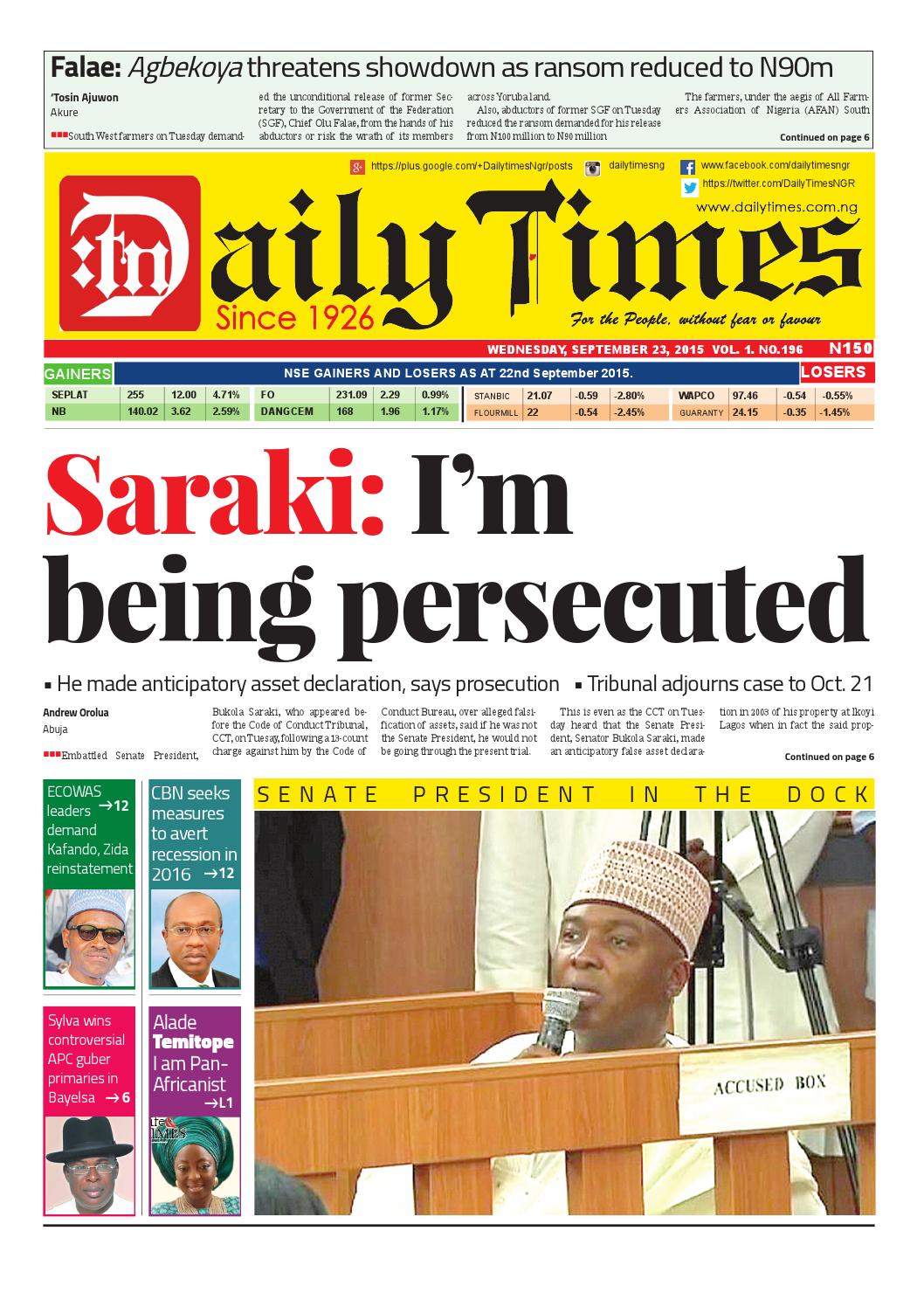 Daily Times Newspaper For 23rd September 2015 by Daily Times of Nigeria ...