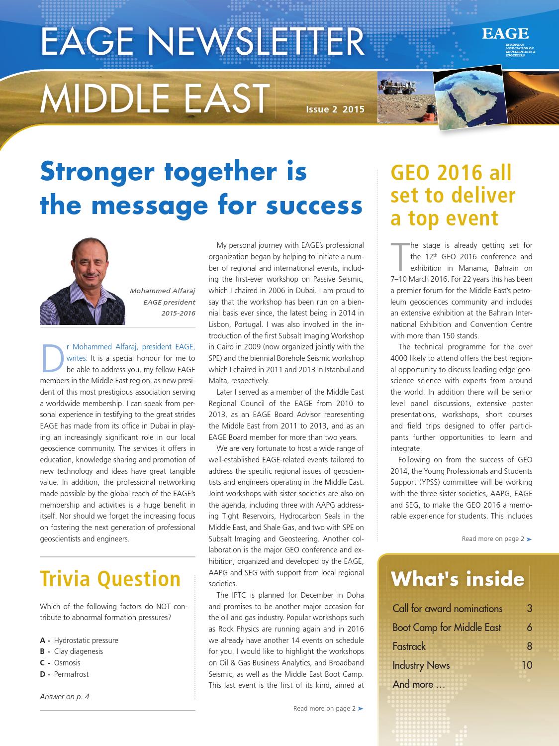 EAGE Newsletter Middle East Issue 2 2015 by EAGE - Issuu