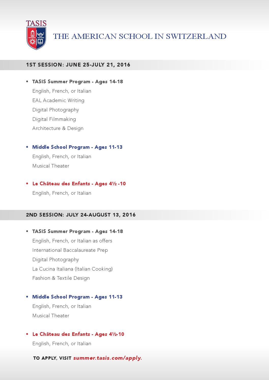 TASIS Summer Programs Lugano 2016 by The American School in Switzerland ...