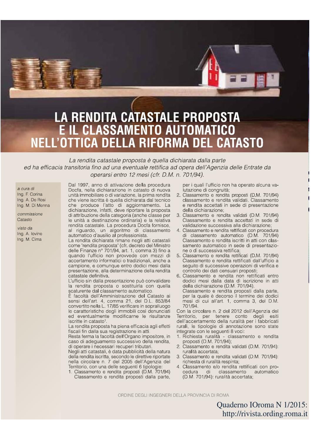 LA RENDITA CATASTALE PROPOSTA E IL CLASSAMENTO AUTOMATICO NELL'OTTICA ...