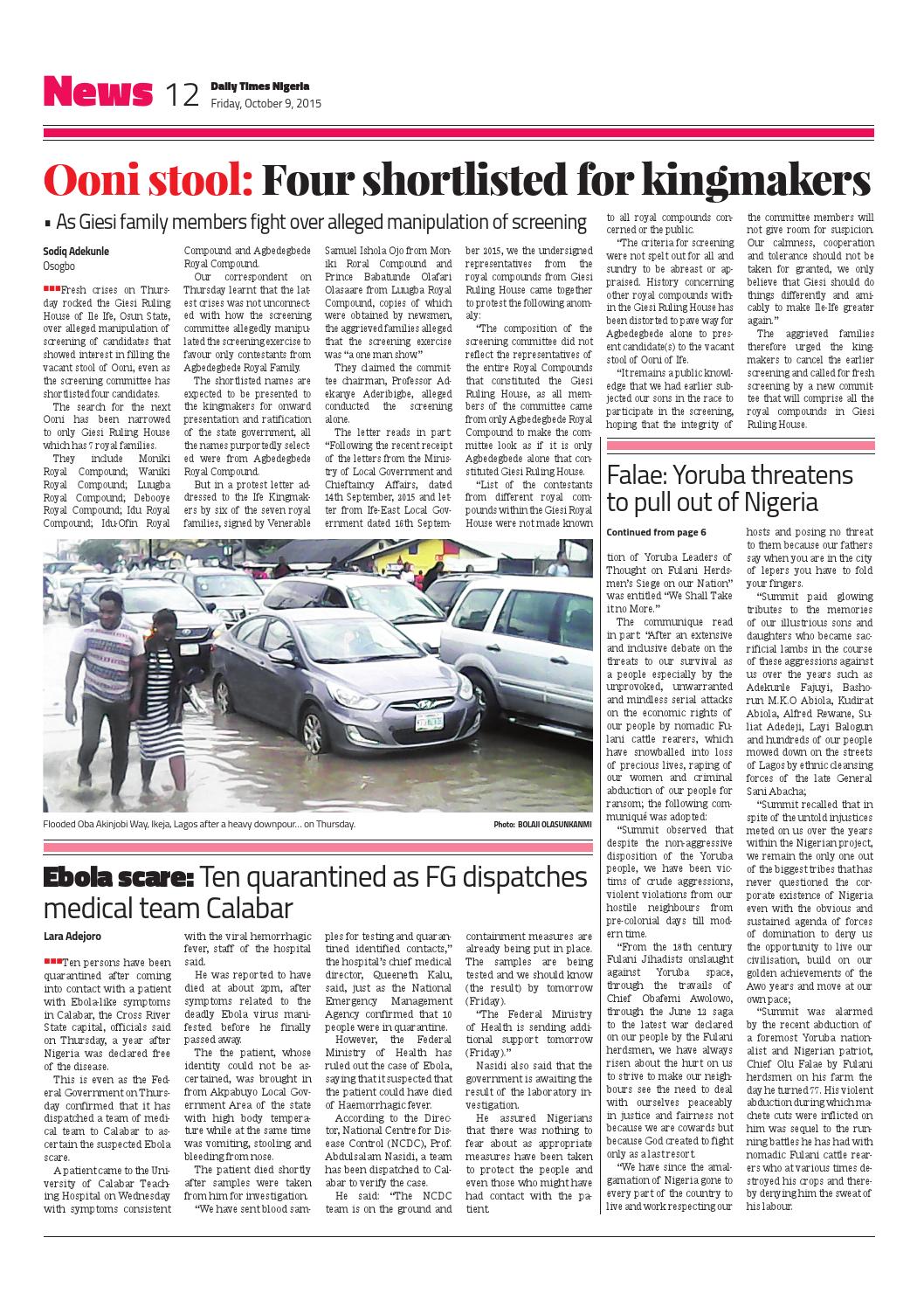 Daily Times Newspaper For Friday 9th October, 2015 by Daily Times of ...