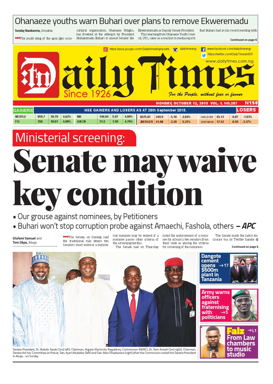 Daily Times Newspaper for Monday 12th October, 2015. by Daily Times of ...