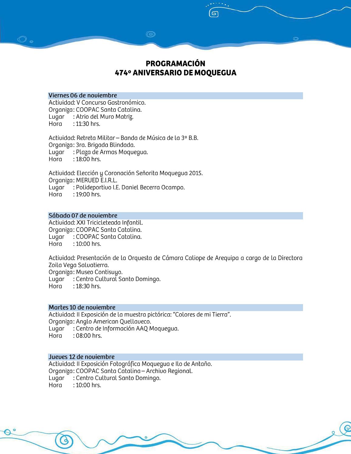 Programación por el 474º Aniversario de Moquegua 2015 by Visit Peru - Issuu
