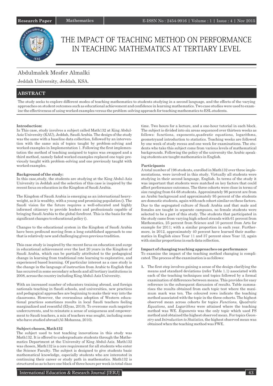 THE IMPACT OF TEACHING METHOD ON PERFORMANCE IN TEACHING MATHEMATICS AT ...