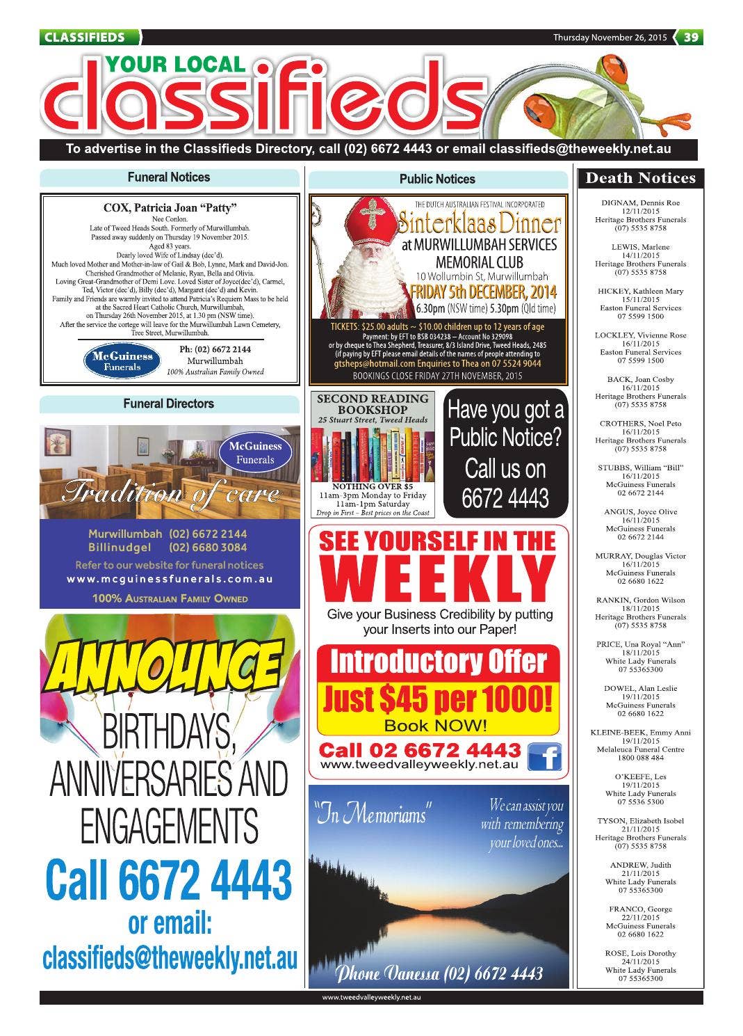Weekly Classifieds 26 Nov 2015 by Tweed Valley Weekly - Issuu