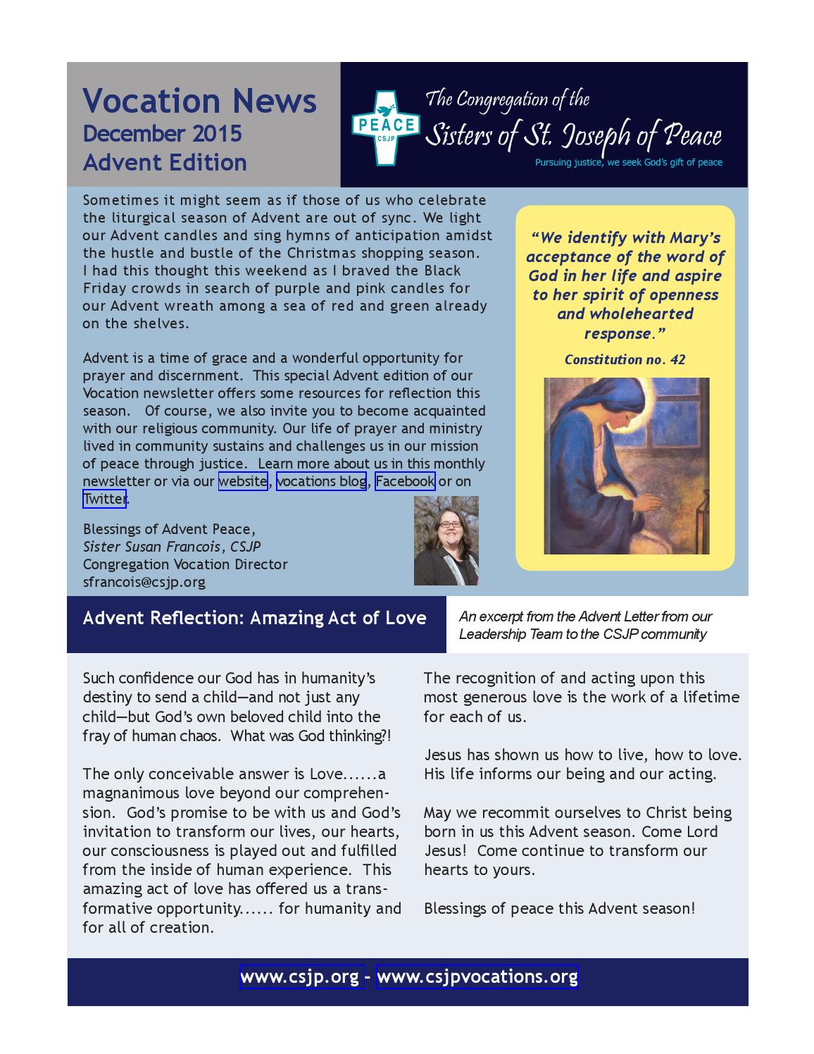 CSJP Vocation News Advent December 2015 by Congregation of the Sisters ...