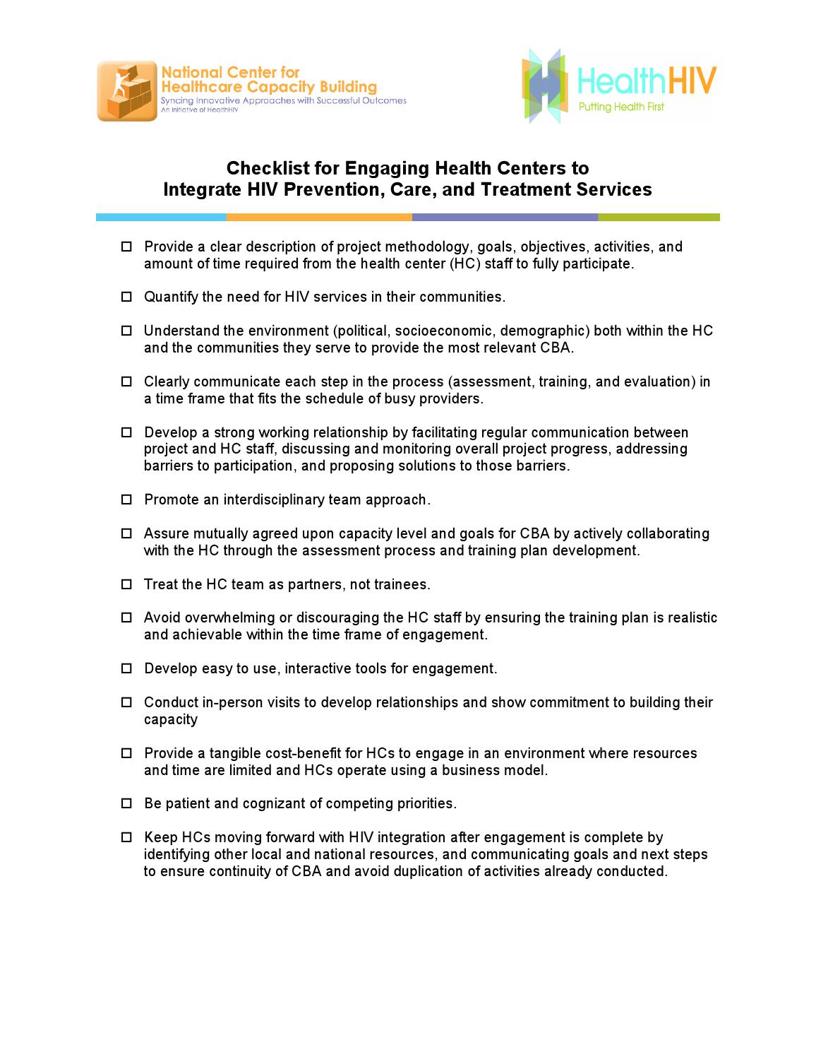 Checklist for engaging health centers to integrate hiv prevention%2c ...