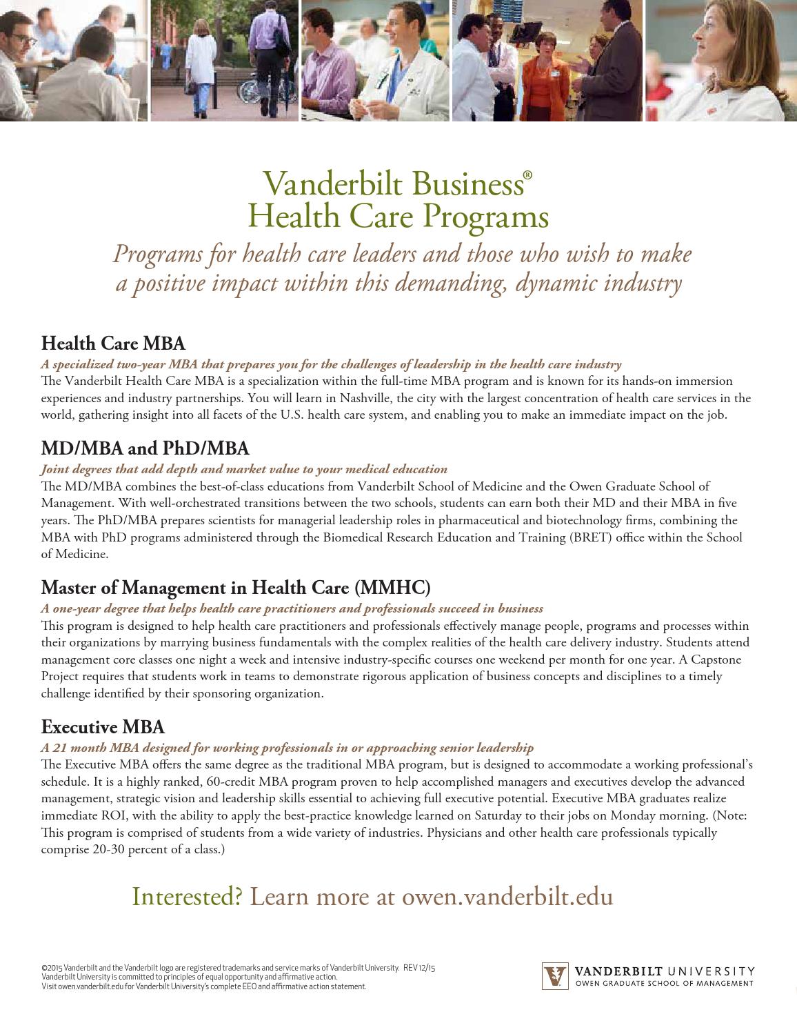 Health Care Programs At A Glance by Vanderbilt Owen Graduate School of ...