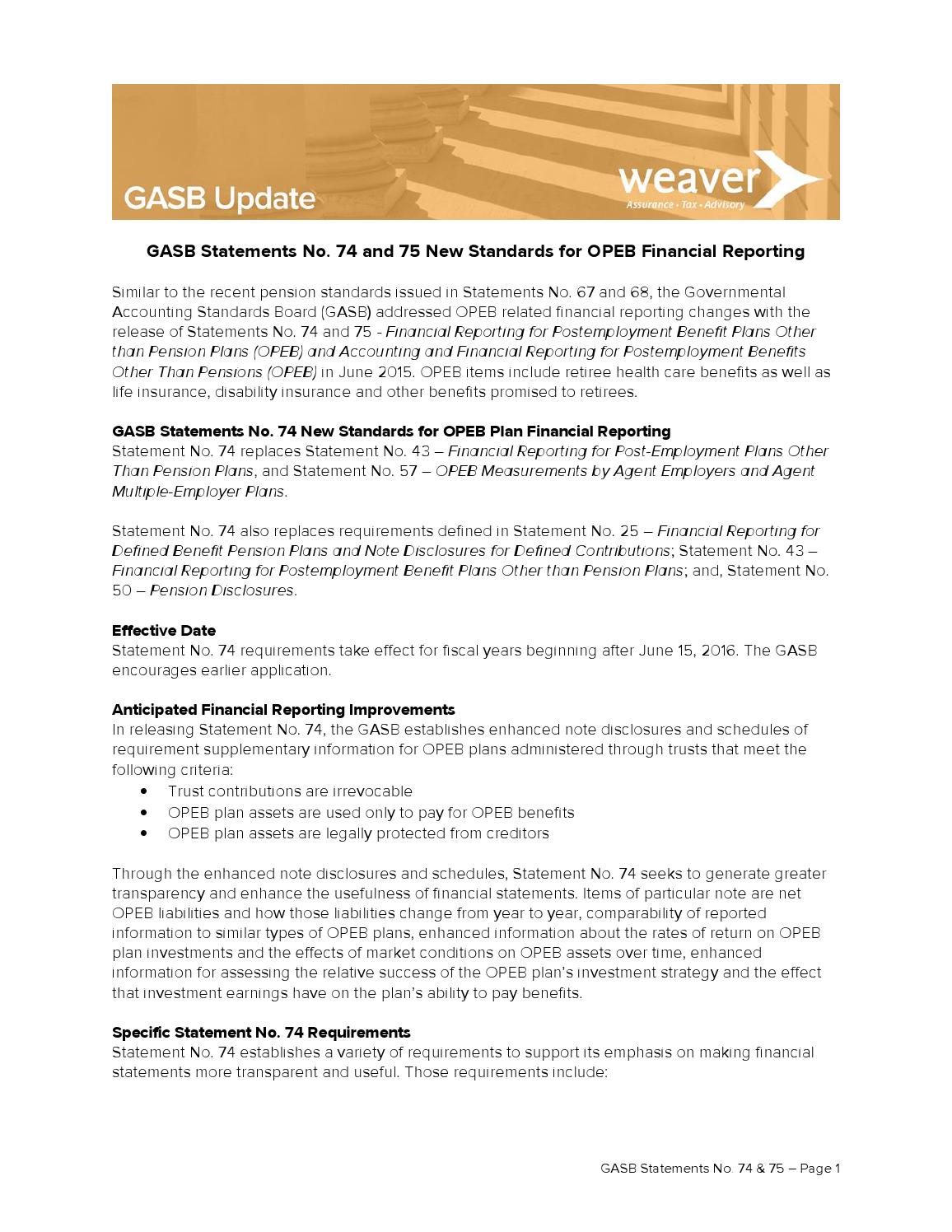 GASB Update - Statements No. 74 & 75 by Weaver - Issuu