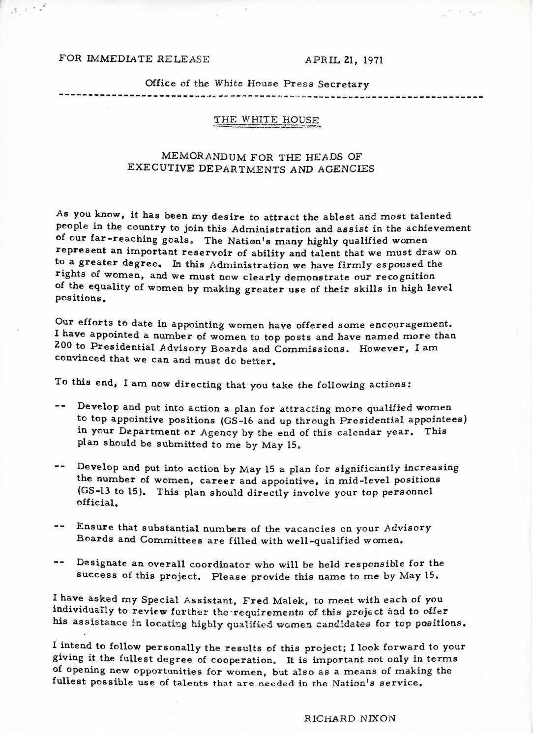 April 21, 1971 - President Announces Women’s Initiative at Cabinet ...