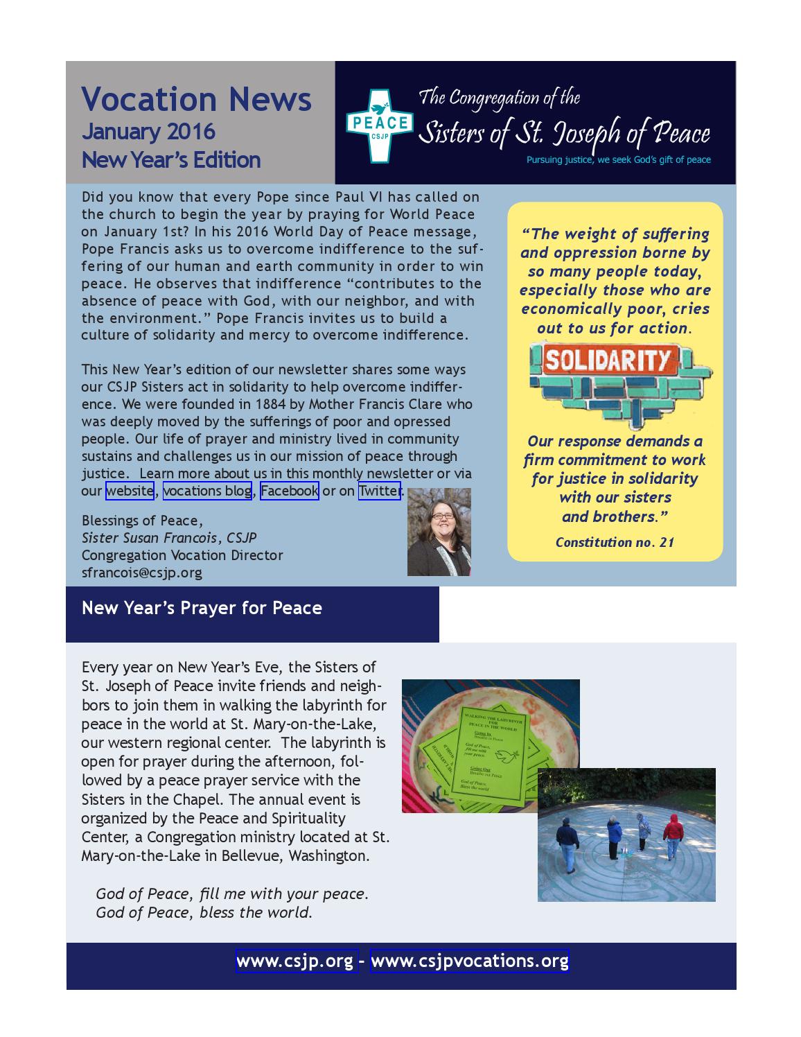 CSJP Vocation News January 2016 by Congregation of the Sisters of St ...