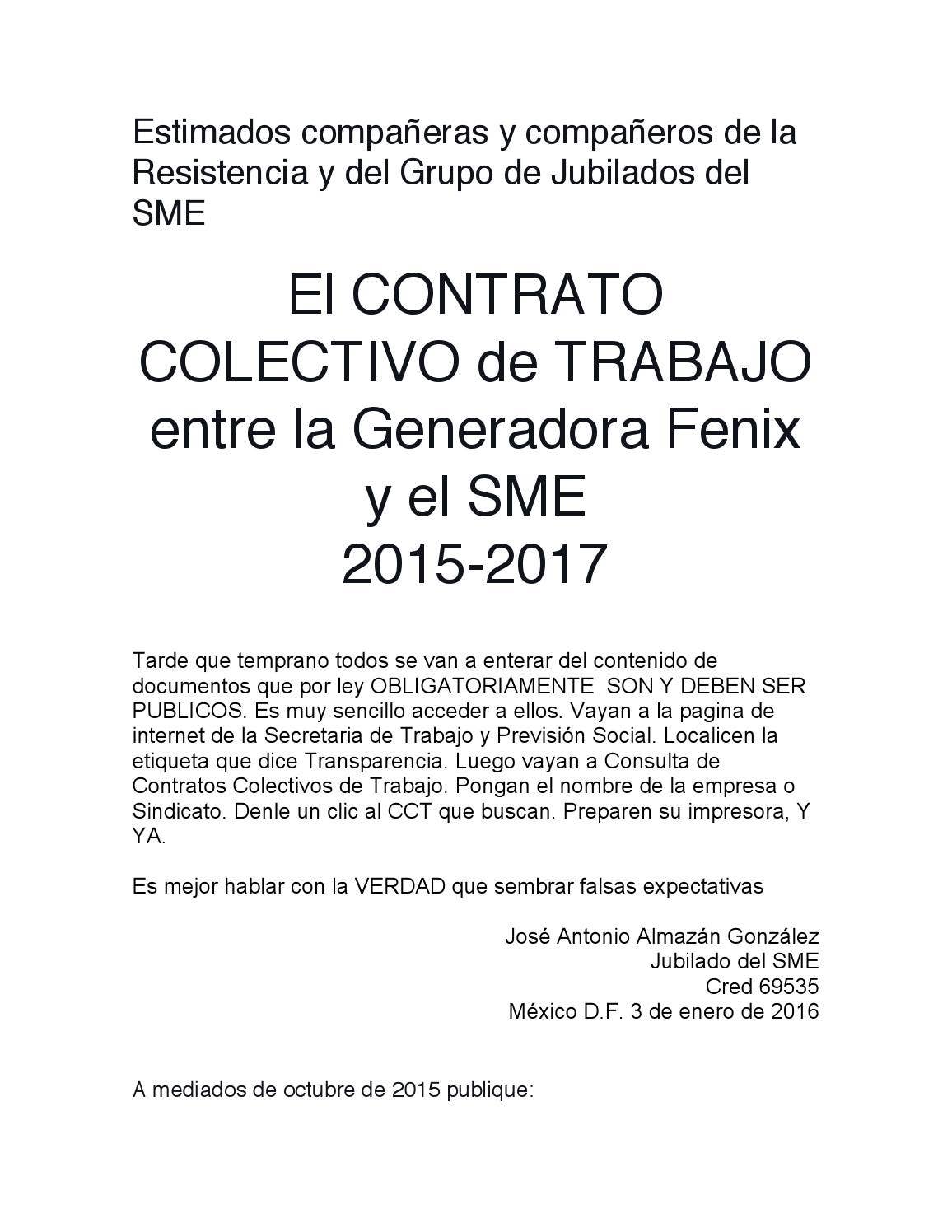 El CCT entre Generadora Fenix y el SME 2015 2017 by Jose Antonio ...