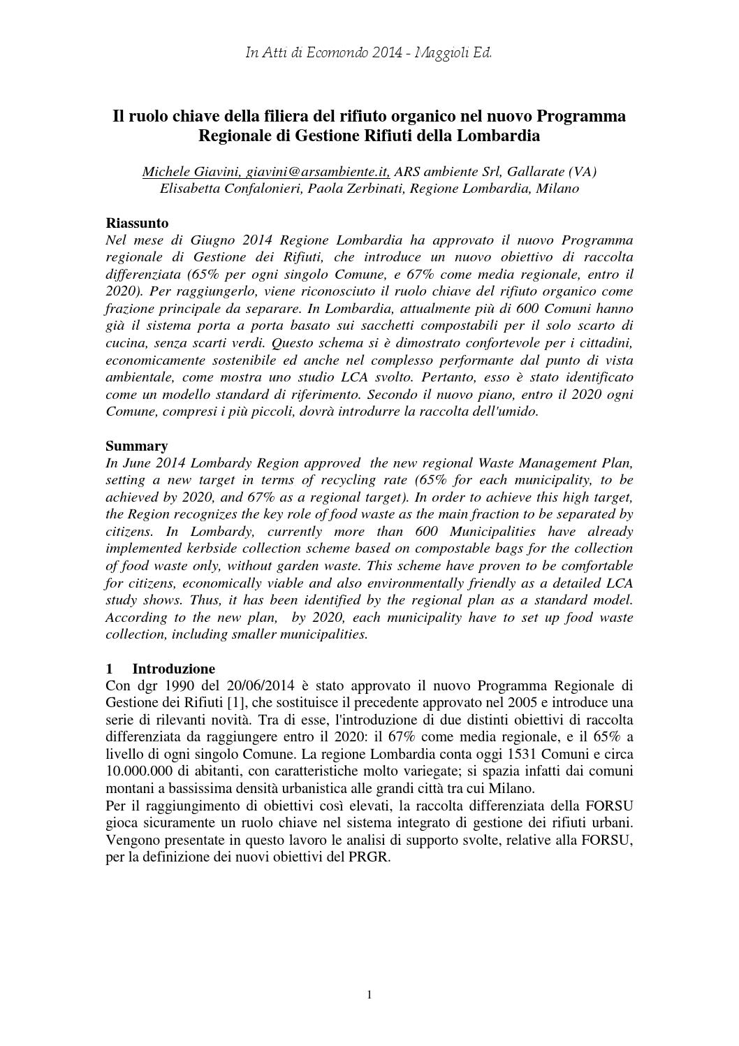 M. Giavini, Confalonieri, Zerbinati Il ruolo della forsu nel PRGR ...