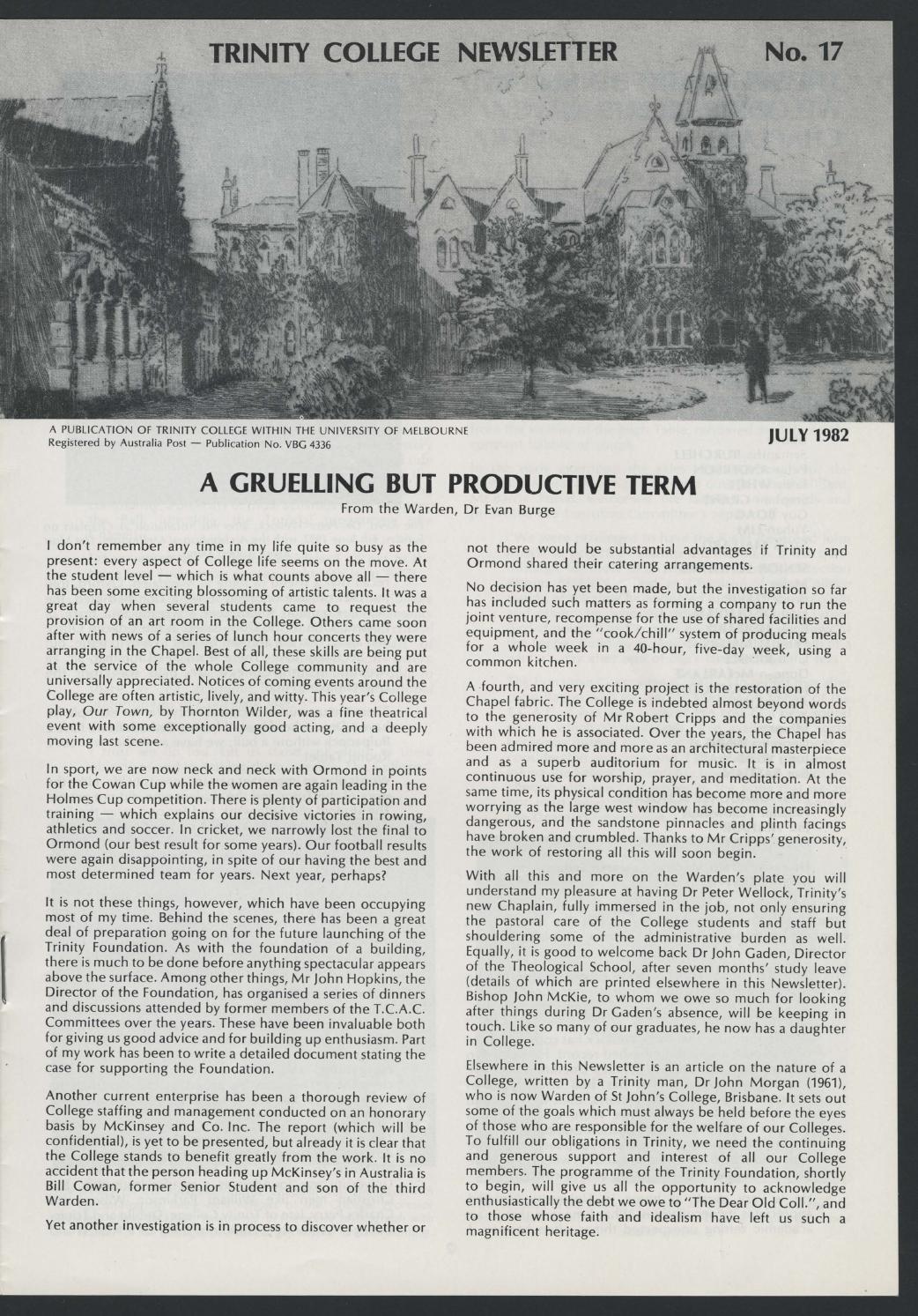 Trinity College Newsletter, vol 1 no 17, July 1982 by Trinity College ...