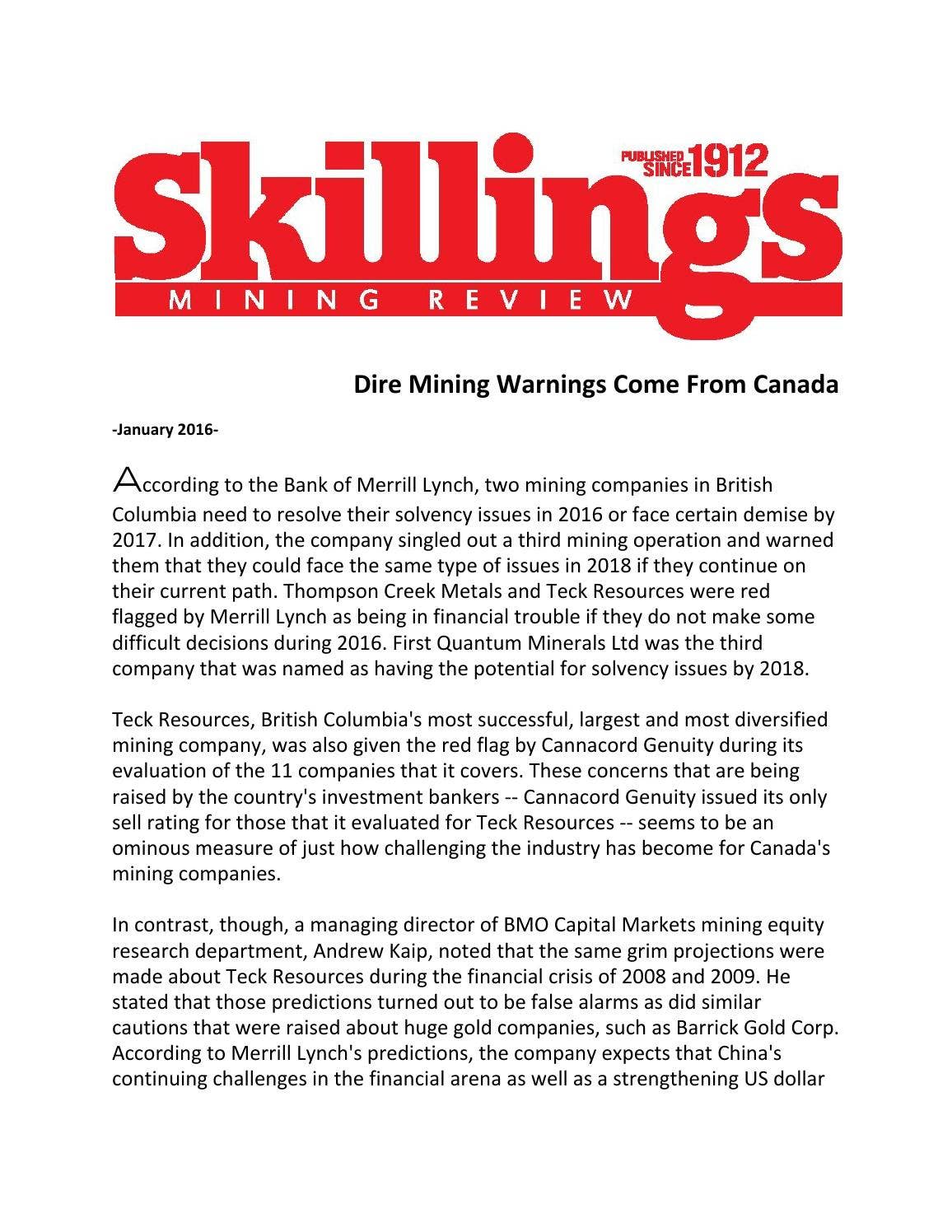 Skillings Mining Review - Mining Warnings From Canada - January 2016 ...