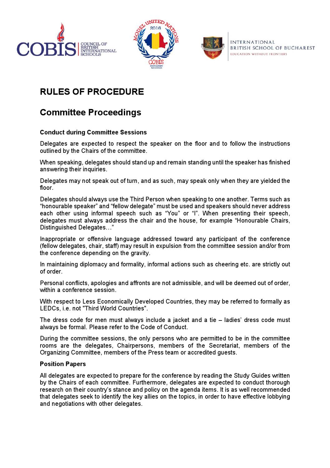 COBIS MUN Rules Of Procedure By International British School Of 