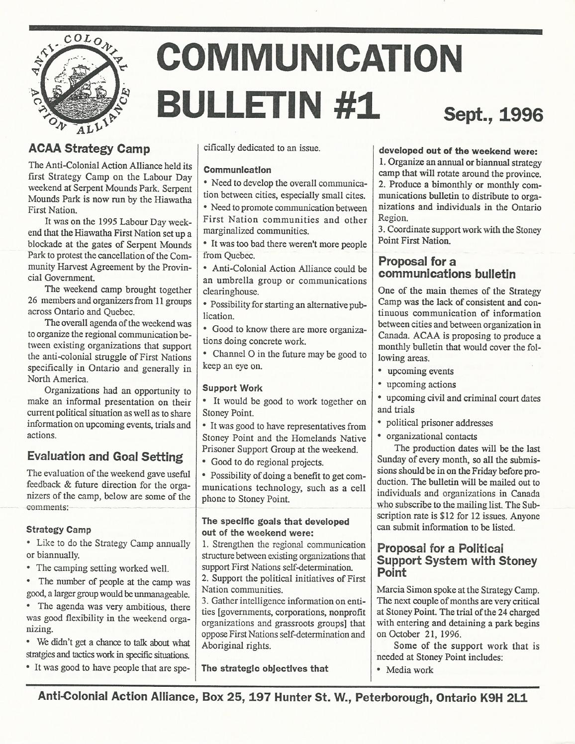 Anti-Colonial Action Alliance, Communication Bulletin, No. 1, September ...
