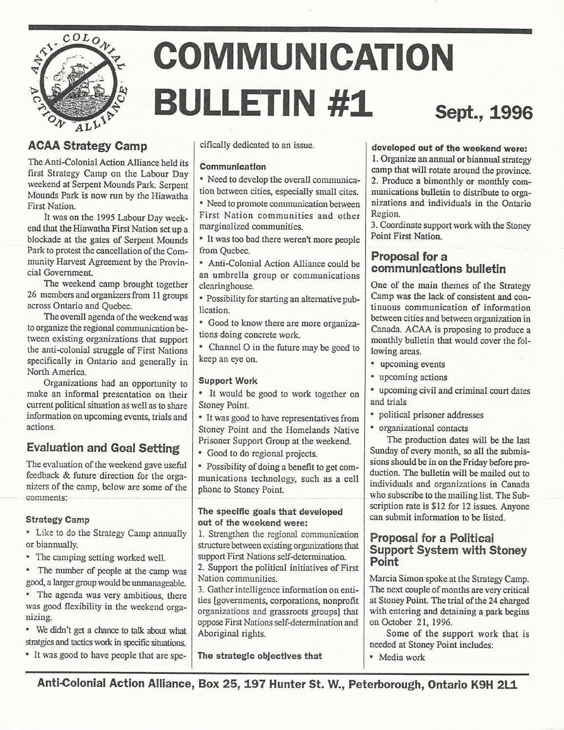 Anti-Colonial Action Alliance, Communication Bulletin, No. 1, September ...