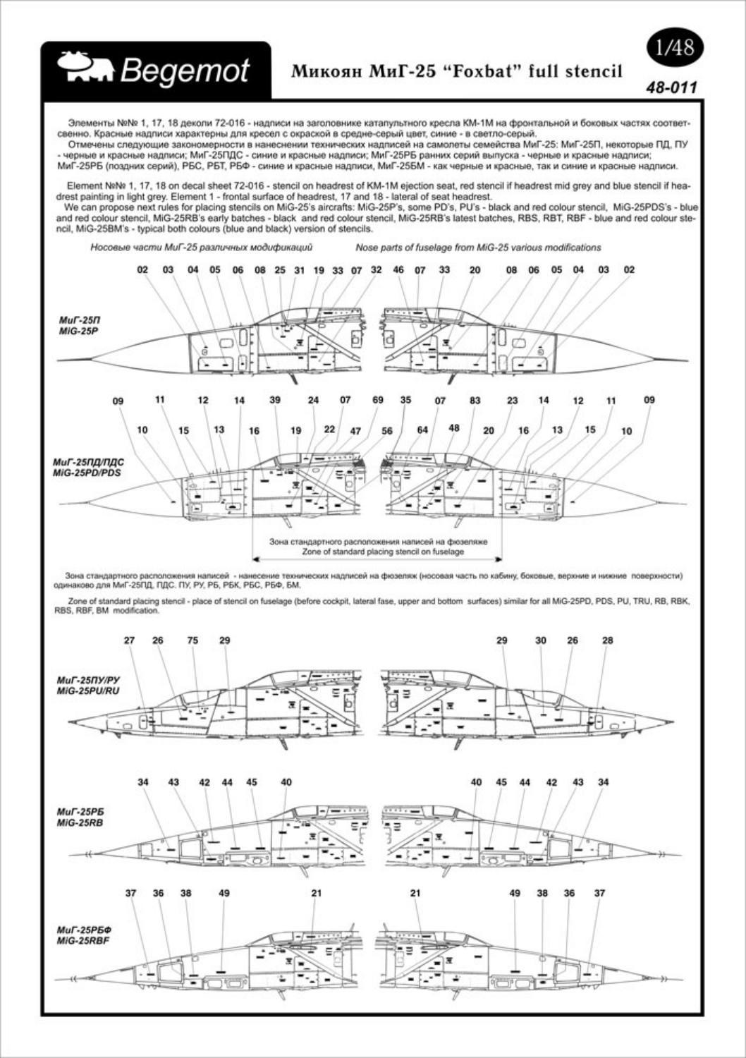Begemot 48-011 Декали для МиГ-25 Технические надписи, инструкция by ...