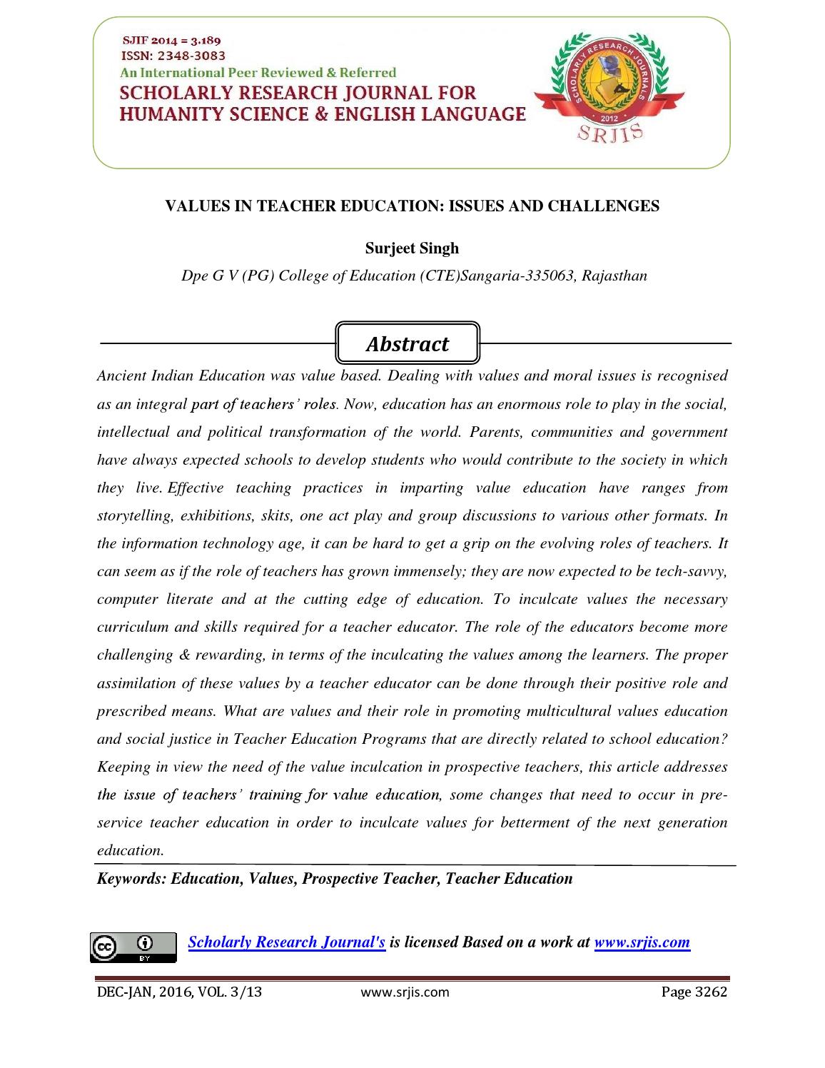 VALUES IN TEACHER EDUCATION: ISSUES AND CHALLENGES by Scholarly ...