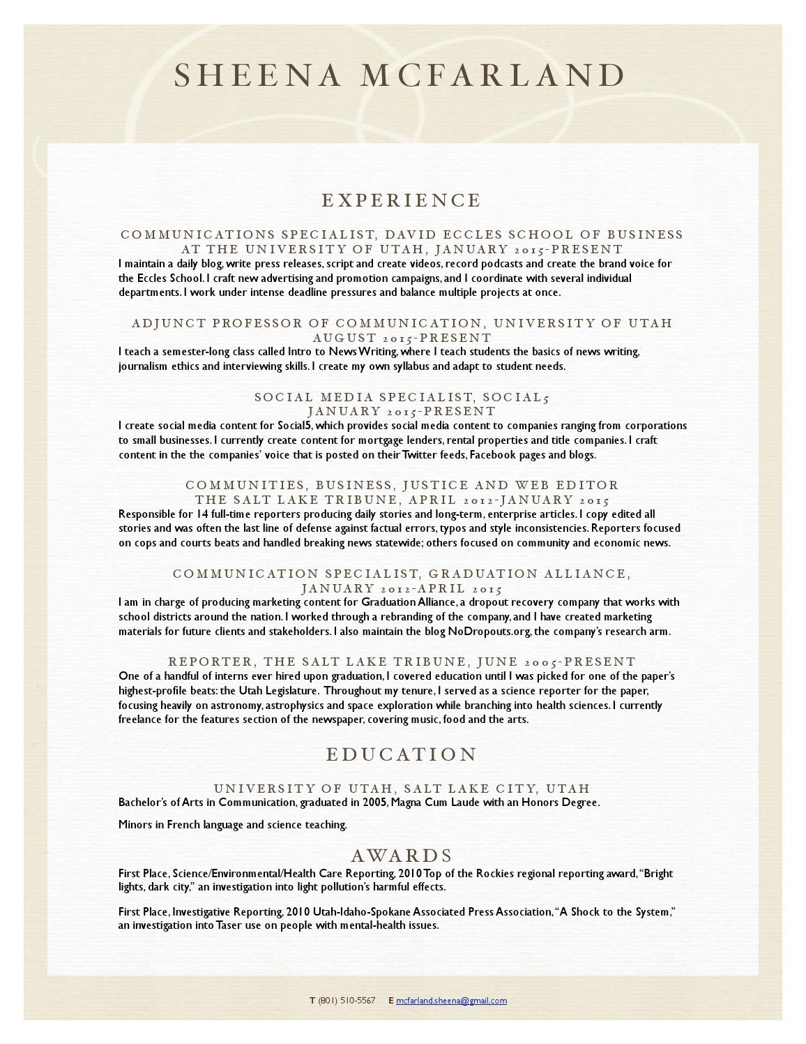 Sheena McFarland resume by Sheena McFarland - Issuu