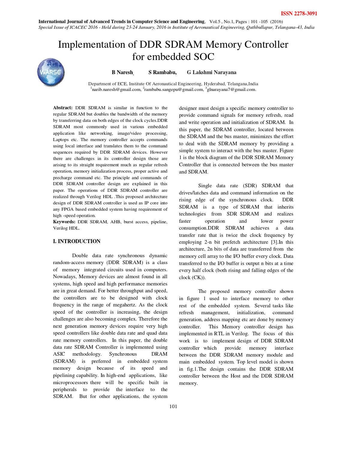 Implementation of DDR SDRAM Memory Controller for embedded SOC by The ...