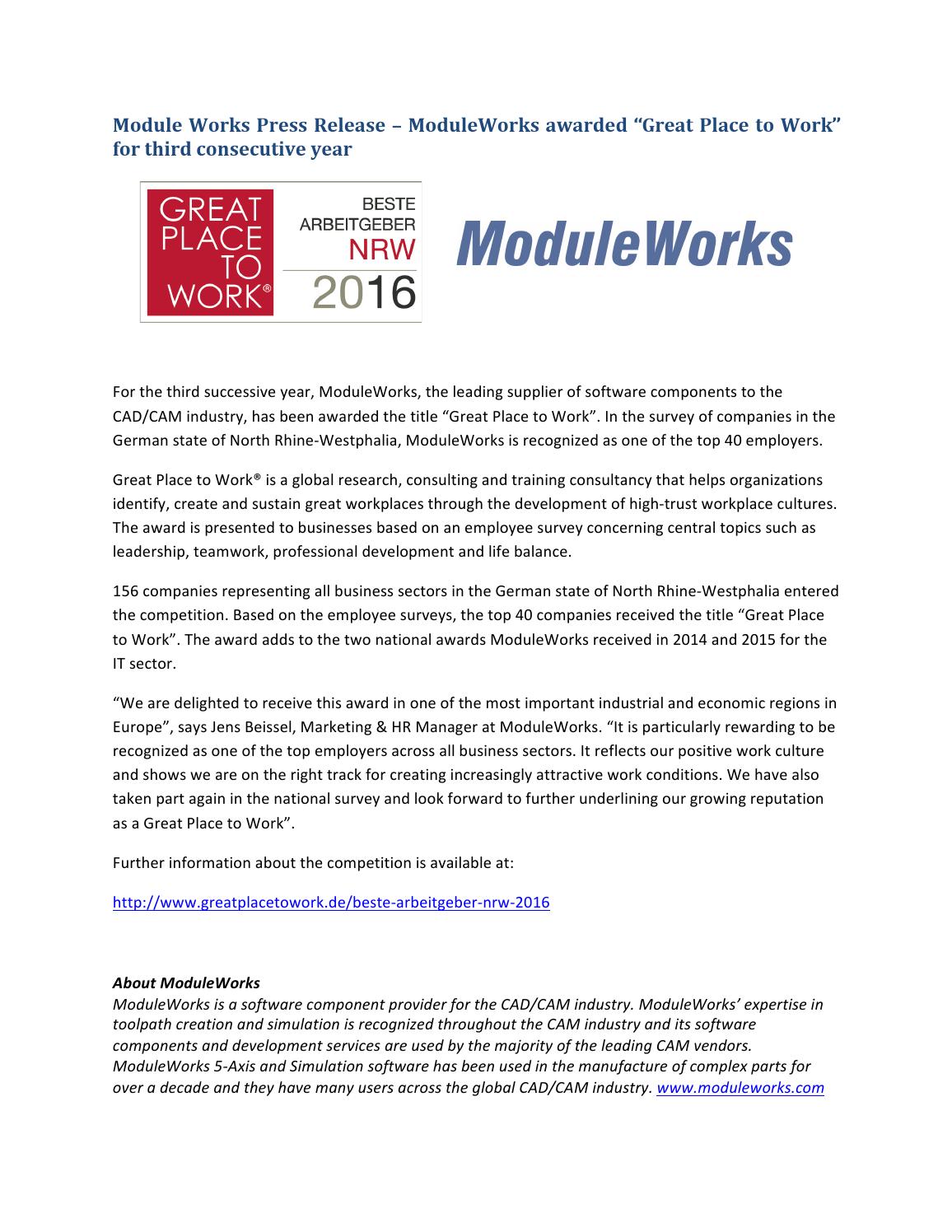 ModuleWorks Press Release - ModuleWorks awarded Great Place to Work for ...