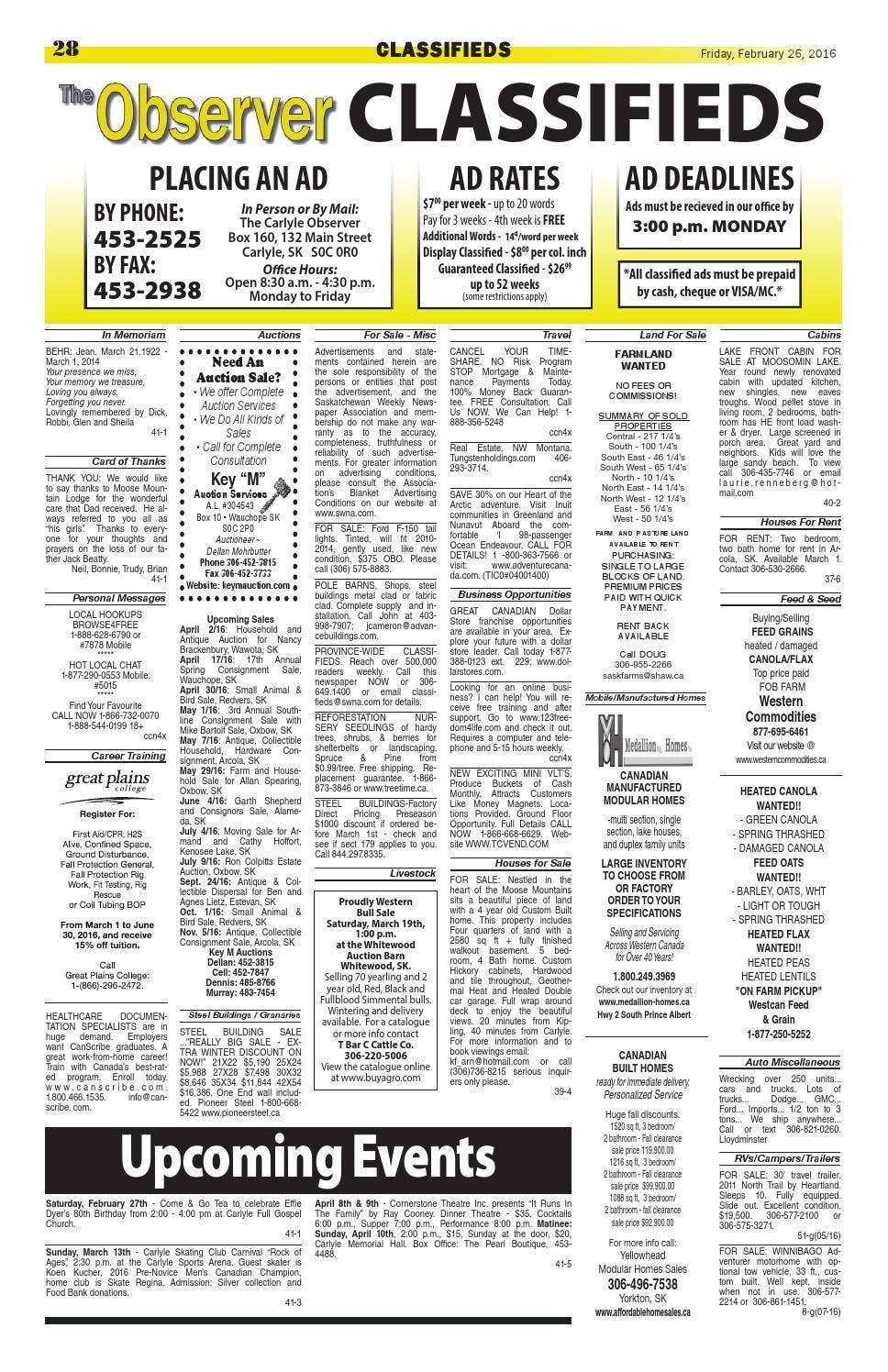 Carlyle Observer Classifieds: Feb. 26, 2016 by Carlyle Observer - Issuu