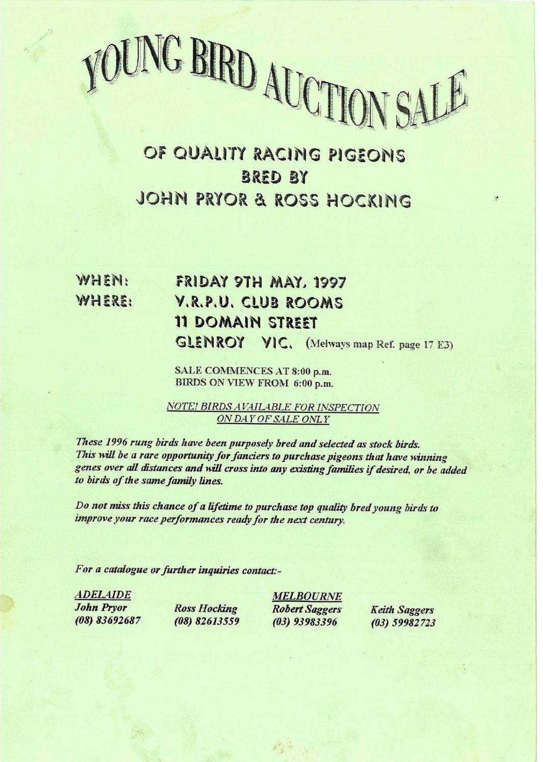 John Pryor & Ross Hocking 9th May 1997 by Australian Pigeon Catalogues ...
