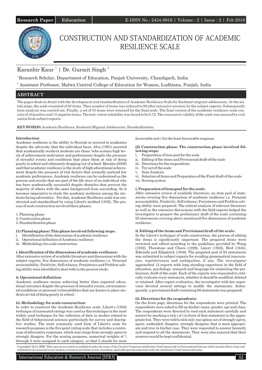 CONSTRUCTION AND STANDARDIZATION OF ACADEMIC RESILIENCE SCALE by ...
