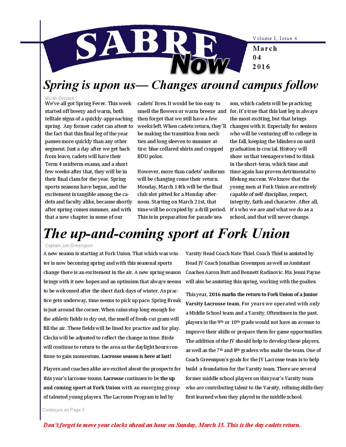 Sabre Now - March 4, 2016 by Fork Union Military Academy - Issuu