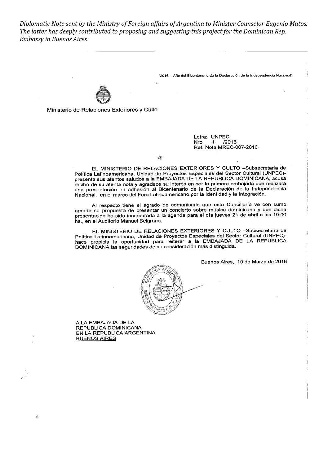 Diplomatic note sent by the ministry of foreign affairs of argentina to ...