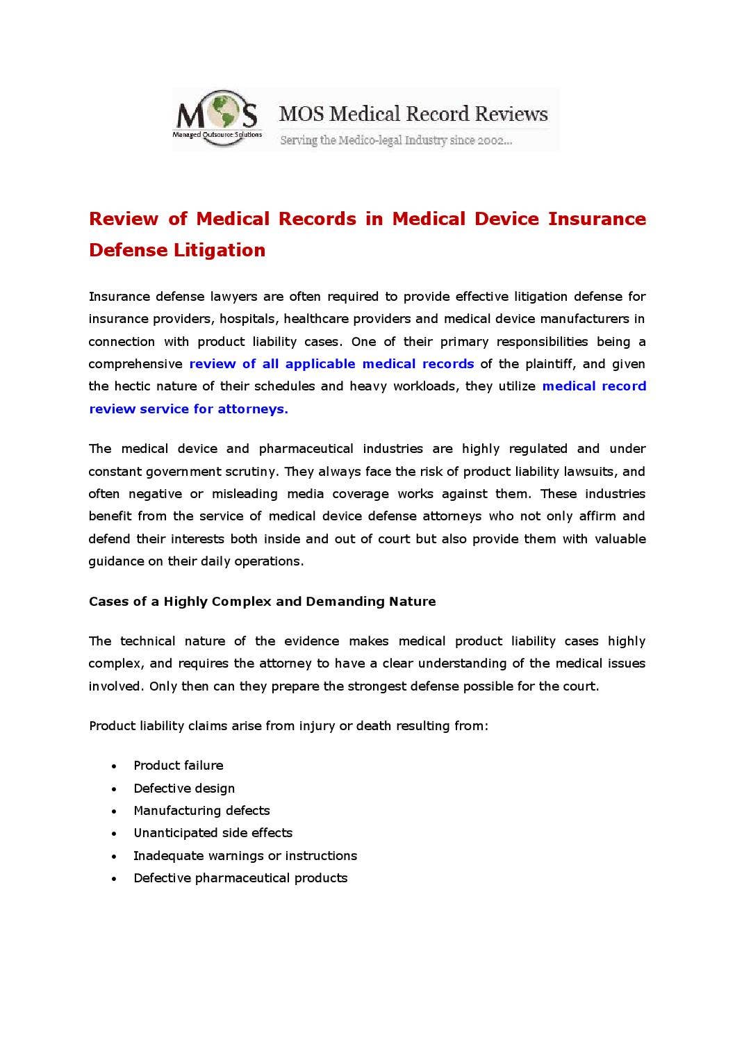 Review of Medical Records in Medical Device Insurance Defense ...