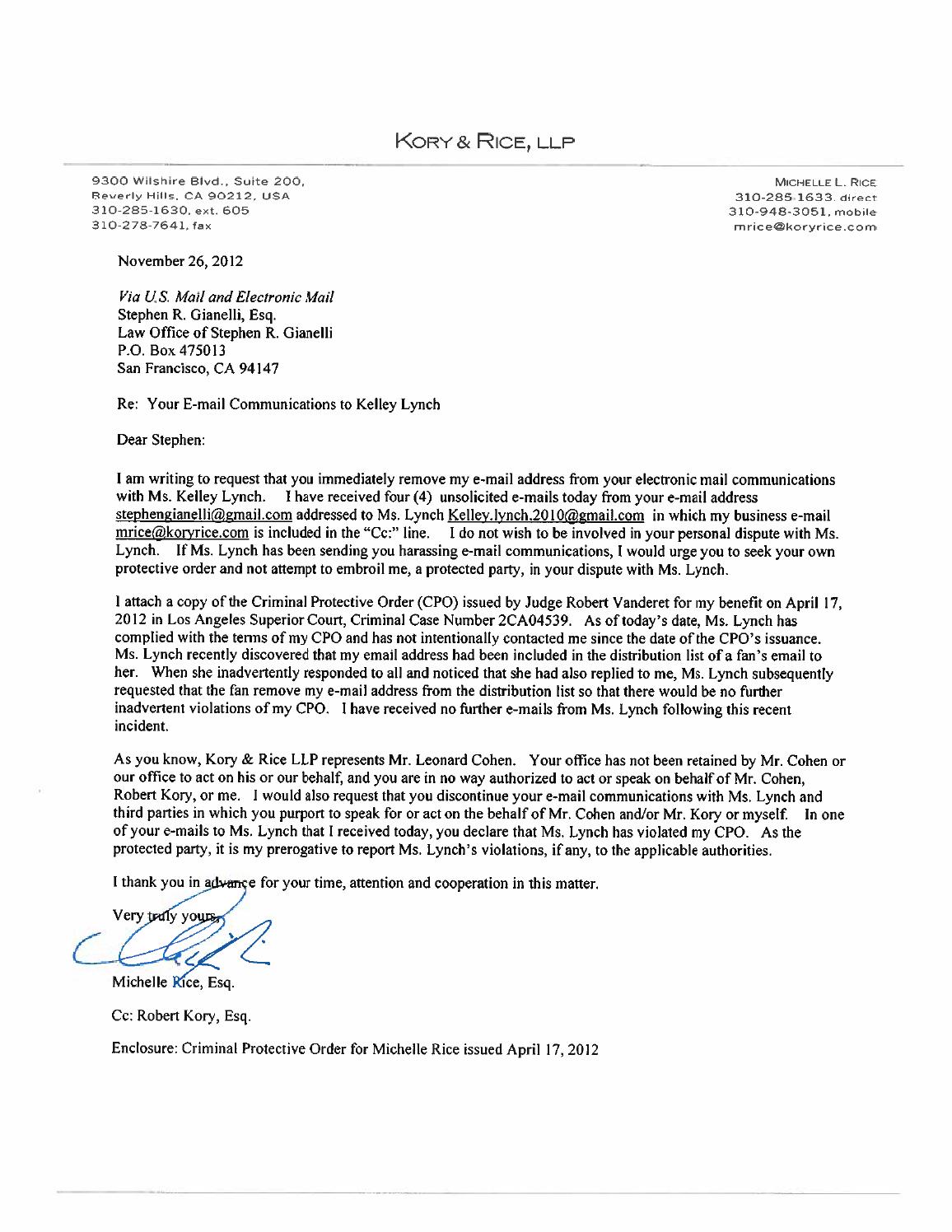 Kory & Rice LLP Letter to Stephen Gianelli 11 26 12 by Michelle L. Rice ...