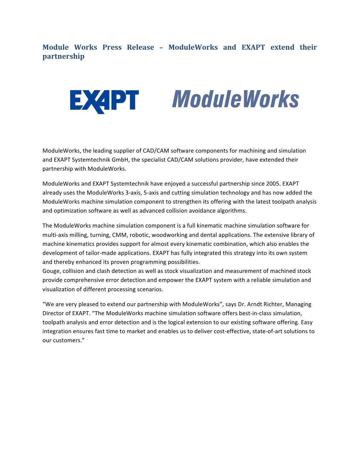 ModuleWorks Press Release - ModuleWorks and EXAPT extend their ...