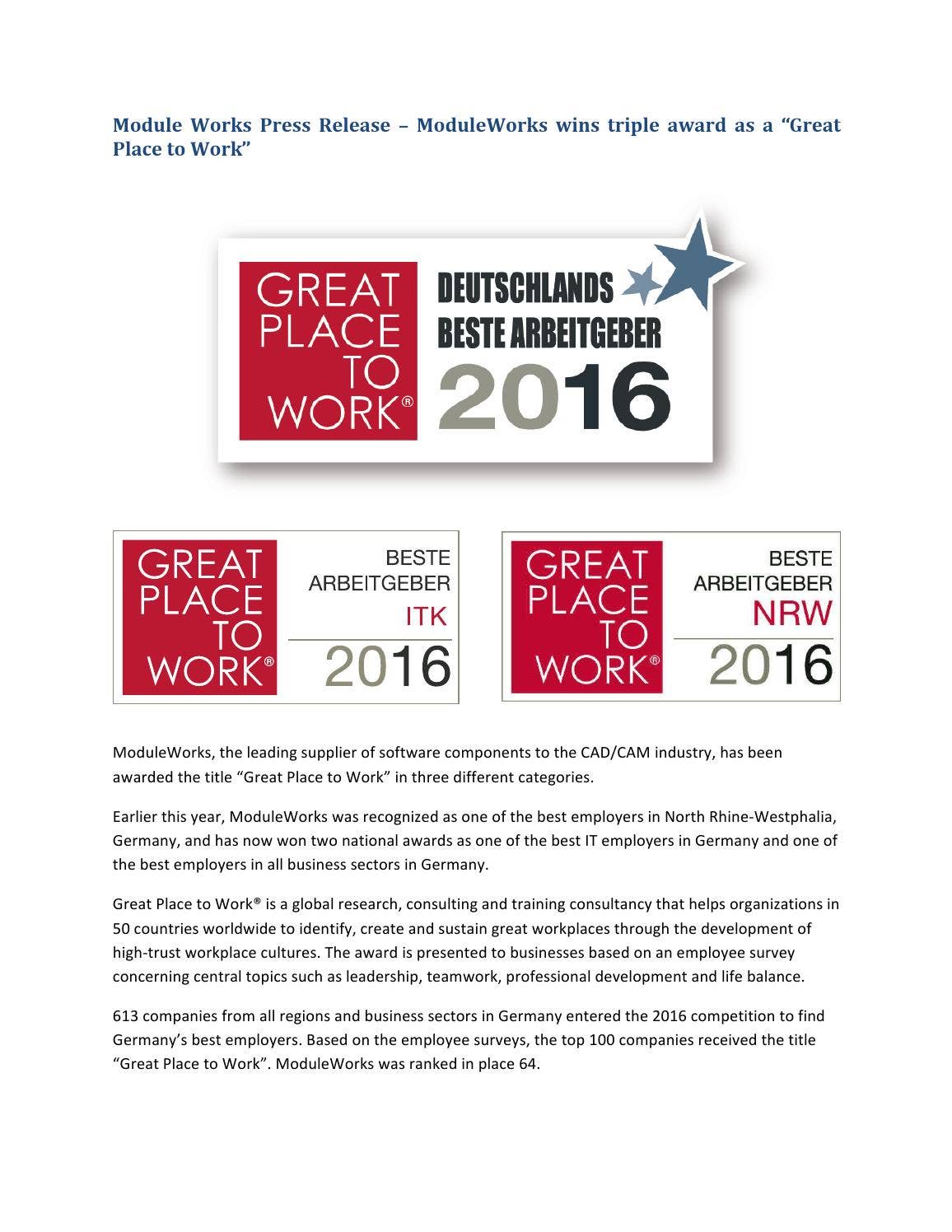 Moduleworks Press Release - ModuleWorks wins triple award as a “Great ...