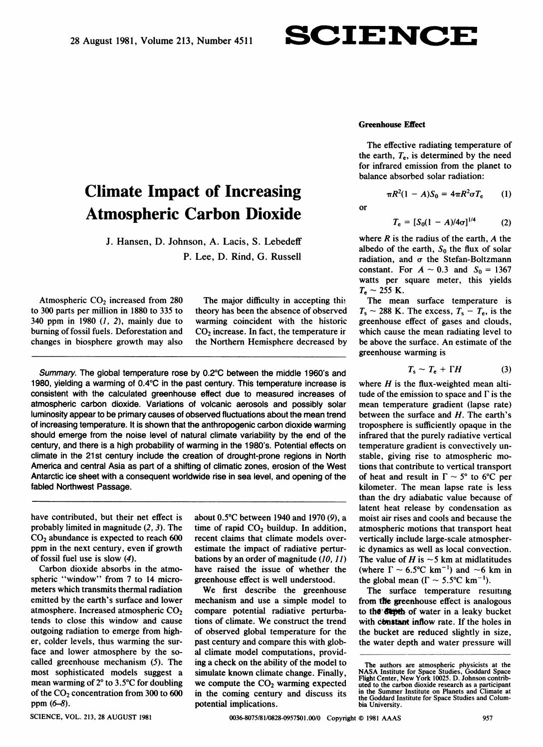 James hansen et al : A 1981 (sic) study on climate impact of increasing ...