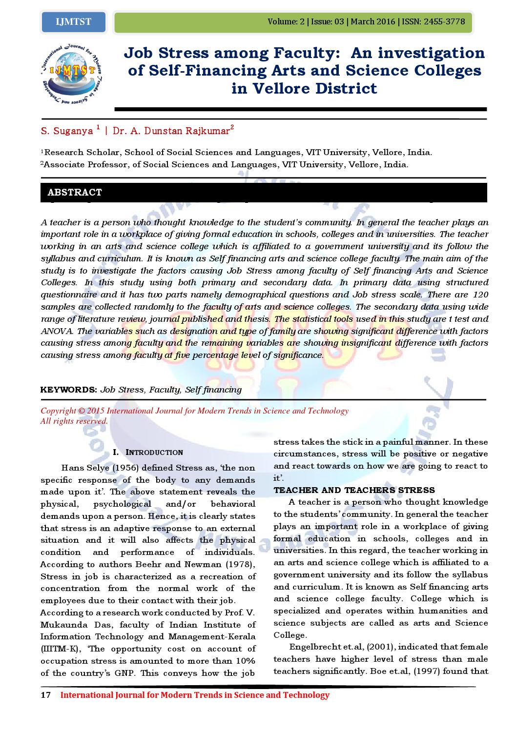 Job Stress among Faculty: An investigation of Self-Financing Arts and ...