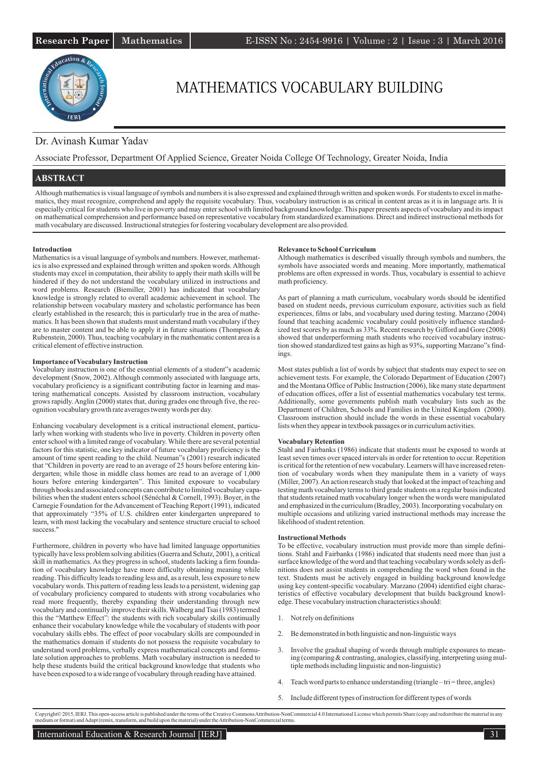 MATHEMATICS VOCABULARY BUILDING by International Education and Research ...