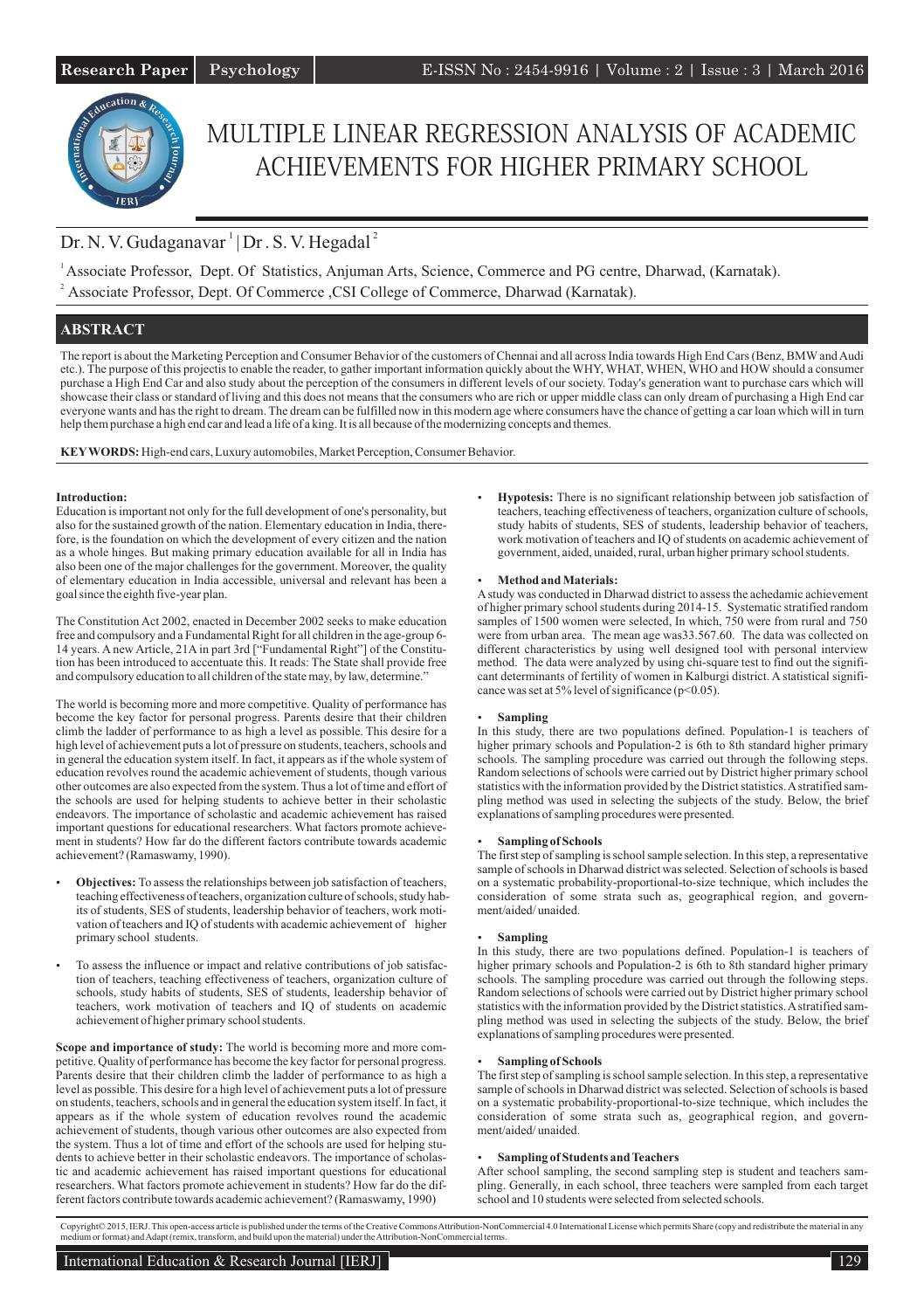 MULTIPLE LINEAR REGRESSION ANALYSIS OF ACADEMIC ACHIEVEMENTS FOR HIGHER ...