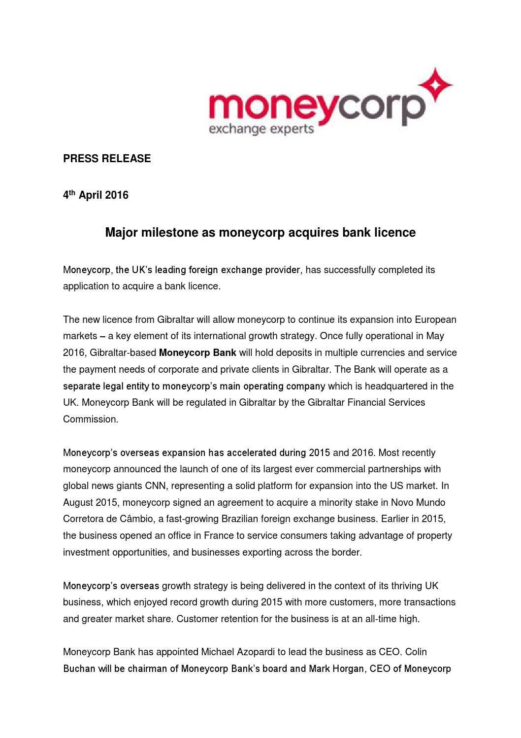 Moneycorp receives banking licence in Gibraltar by Gibraltar Finance ...