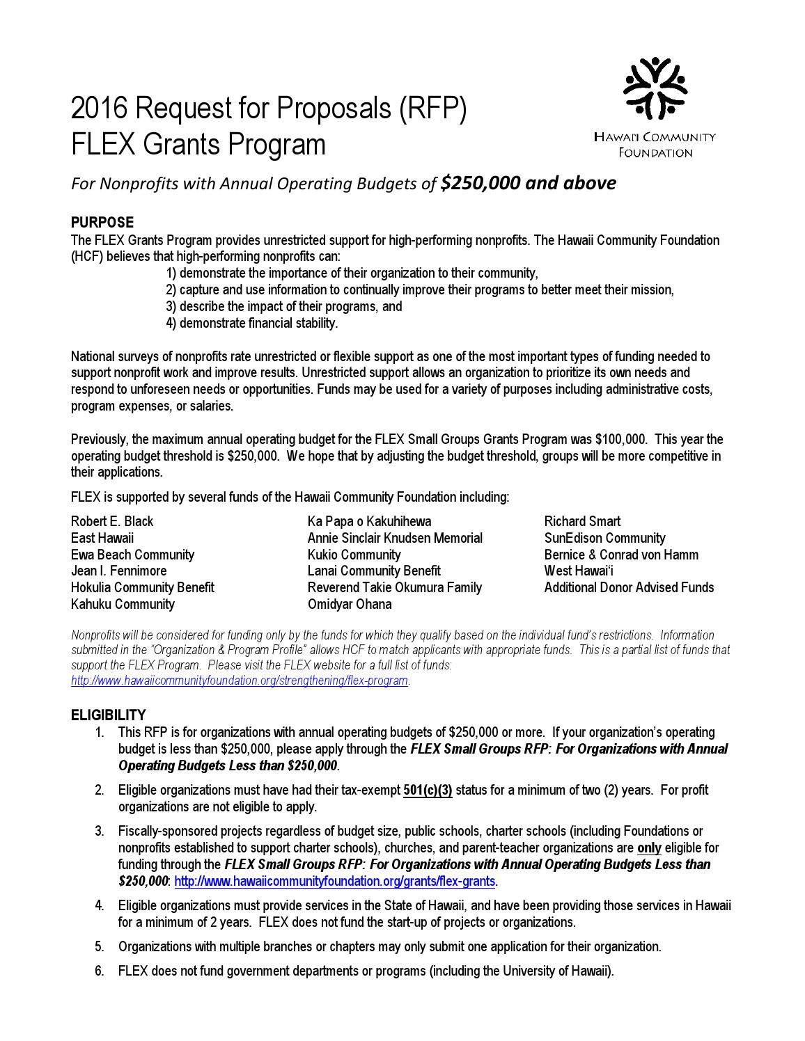 2016 FLEX Request for Proposals –operating budgets $250,000 and above ...