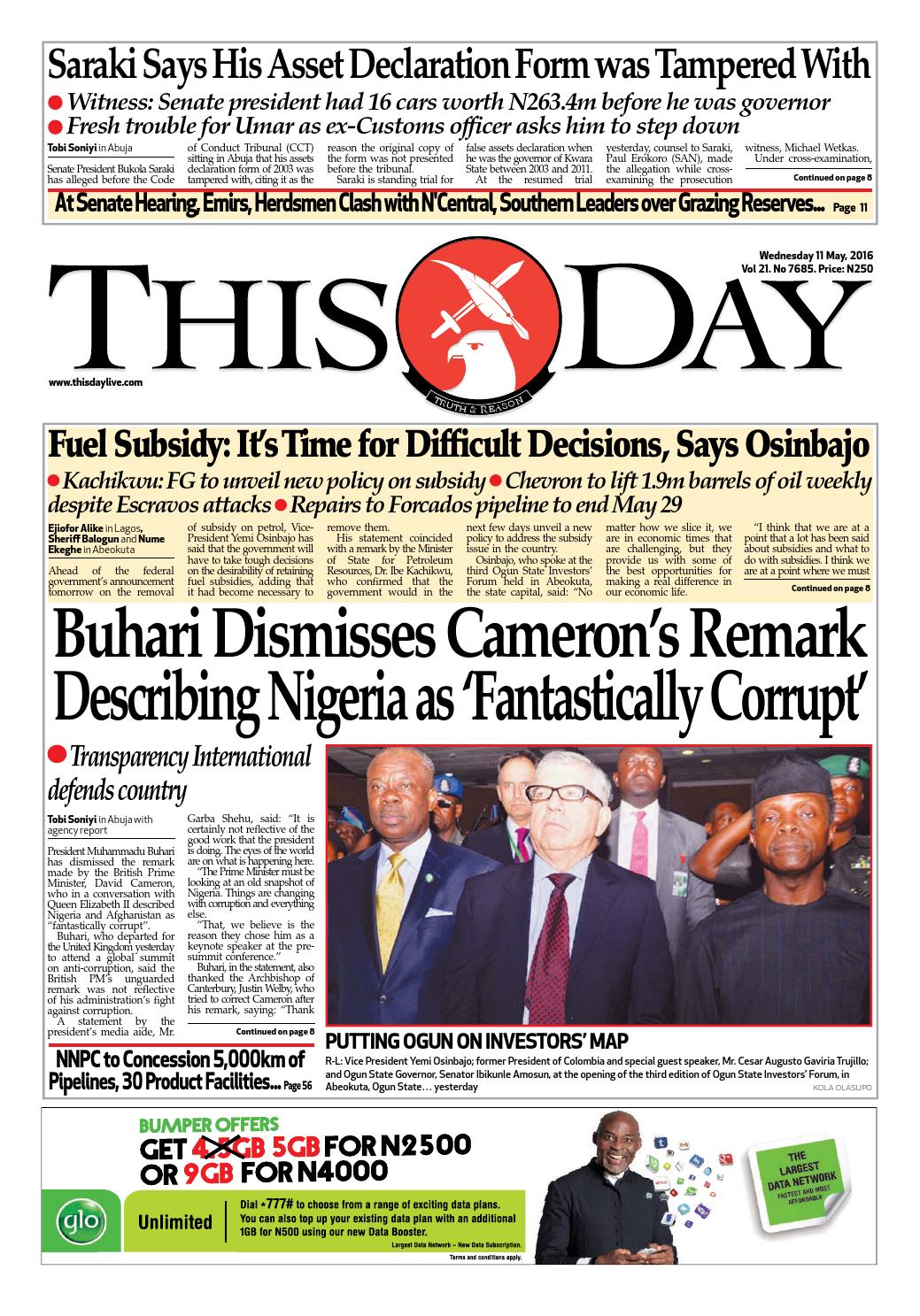 Wednesday 11th May 2016 by THISDAY Newspapers Ltd - Issuu