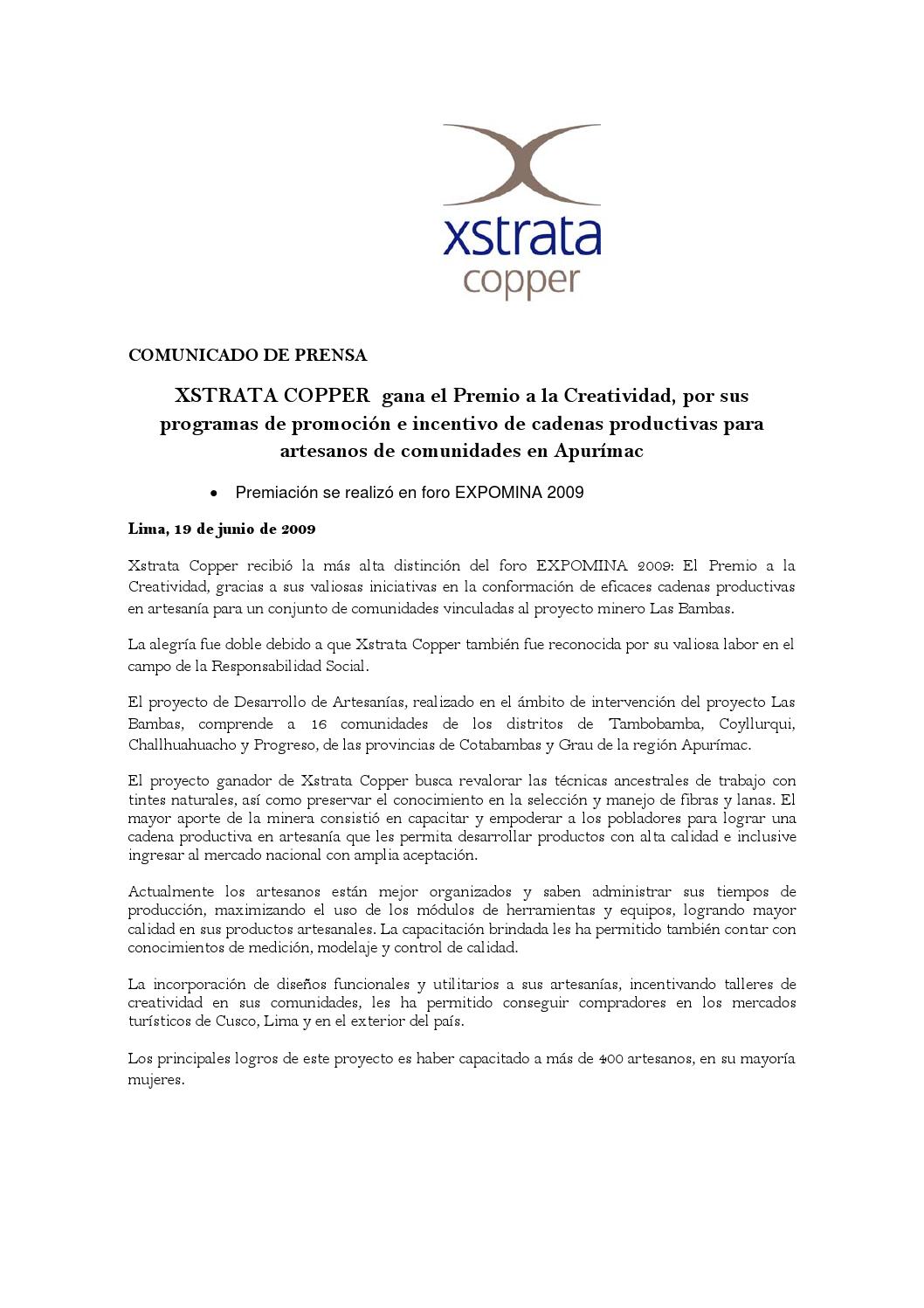 XSTRATA COPPER GANA EL PREMIO A LA CREATIVIDAD, POR SUS PROGRAMAS DE ...